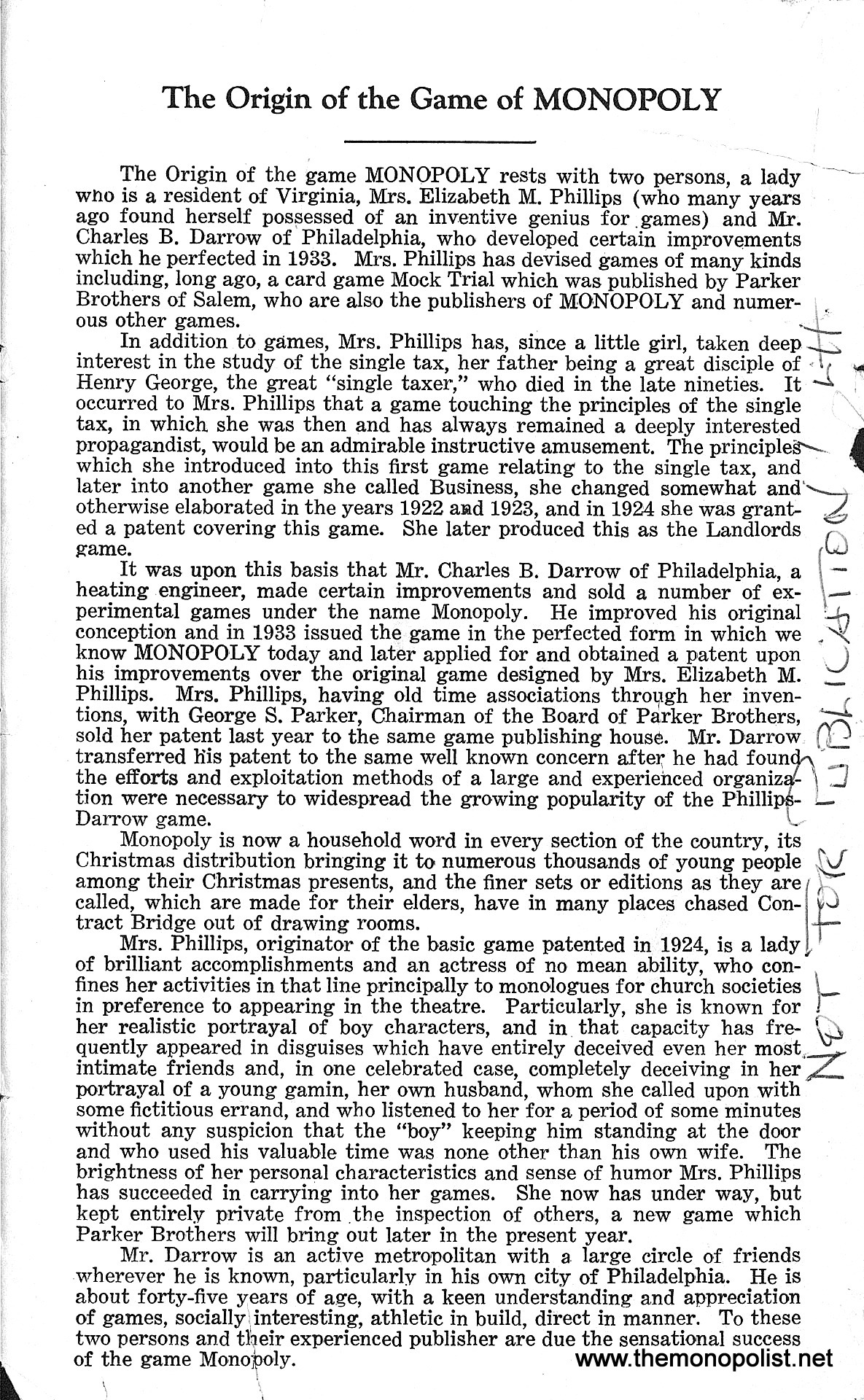 1936 Monopoly Origins Document | THE MONOPOLIST